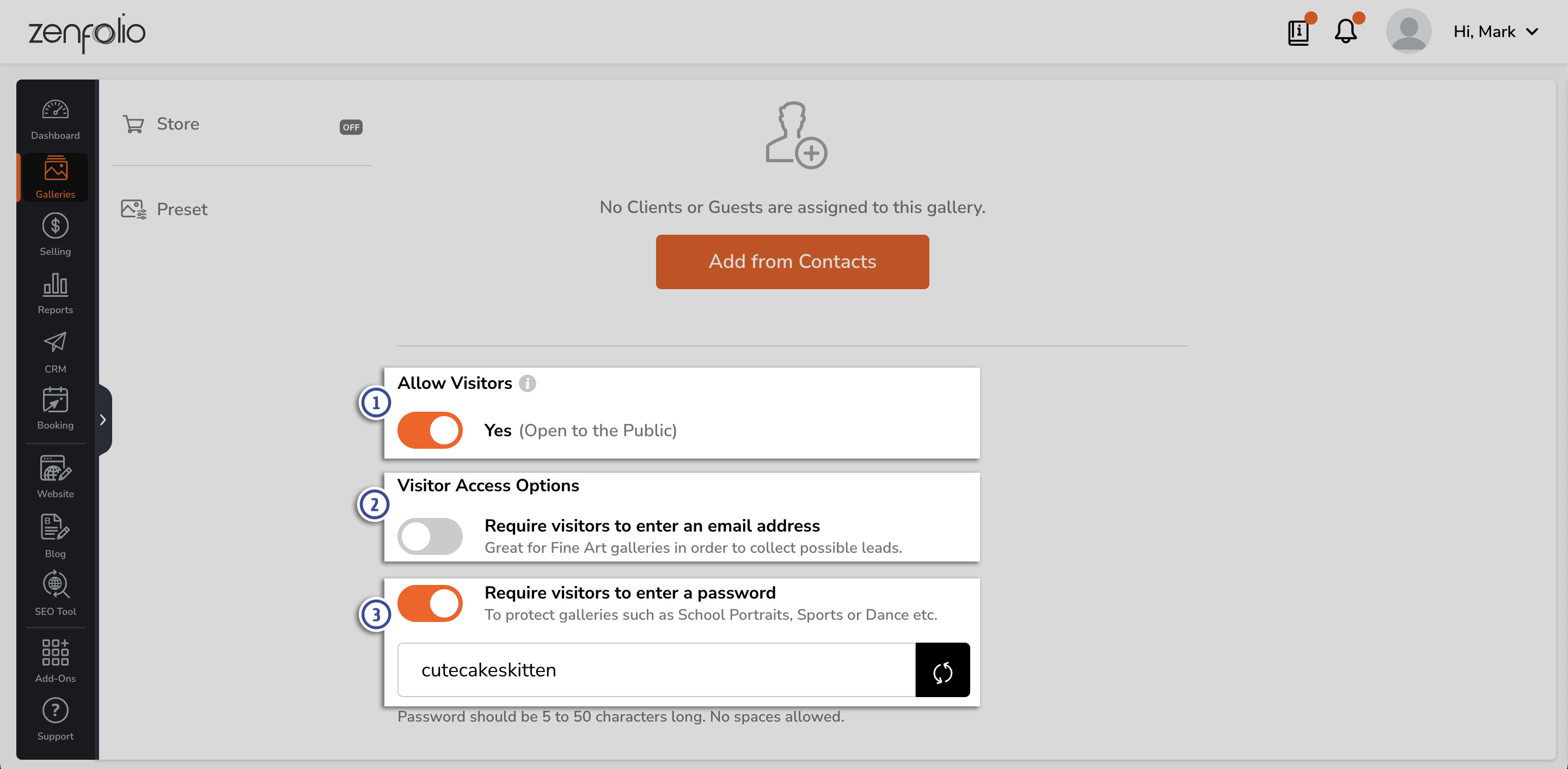 Gallery Access Settings – Zenfolio